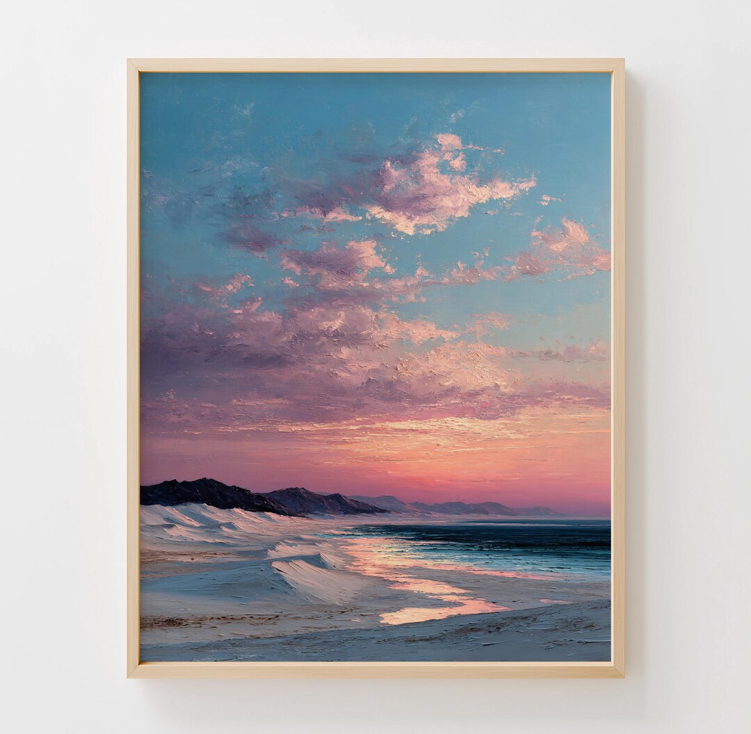 Moody Coastal Sunset Printable - Tranquil Beach Painting With Distant ...