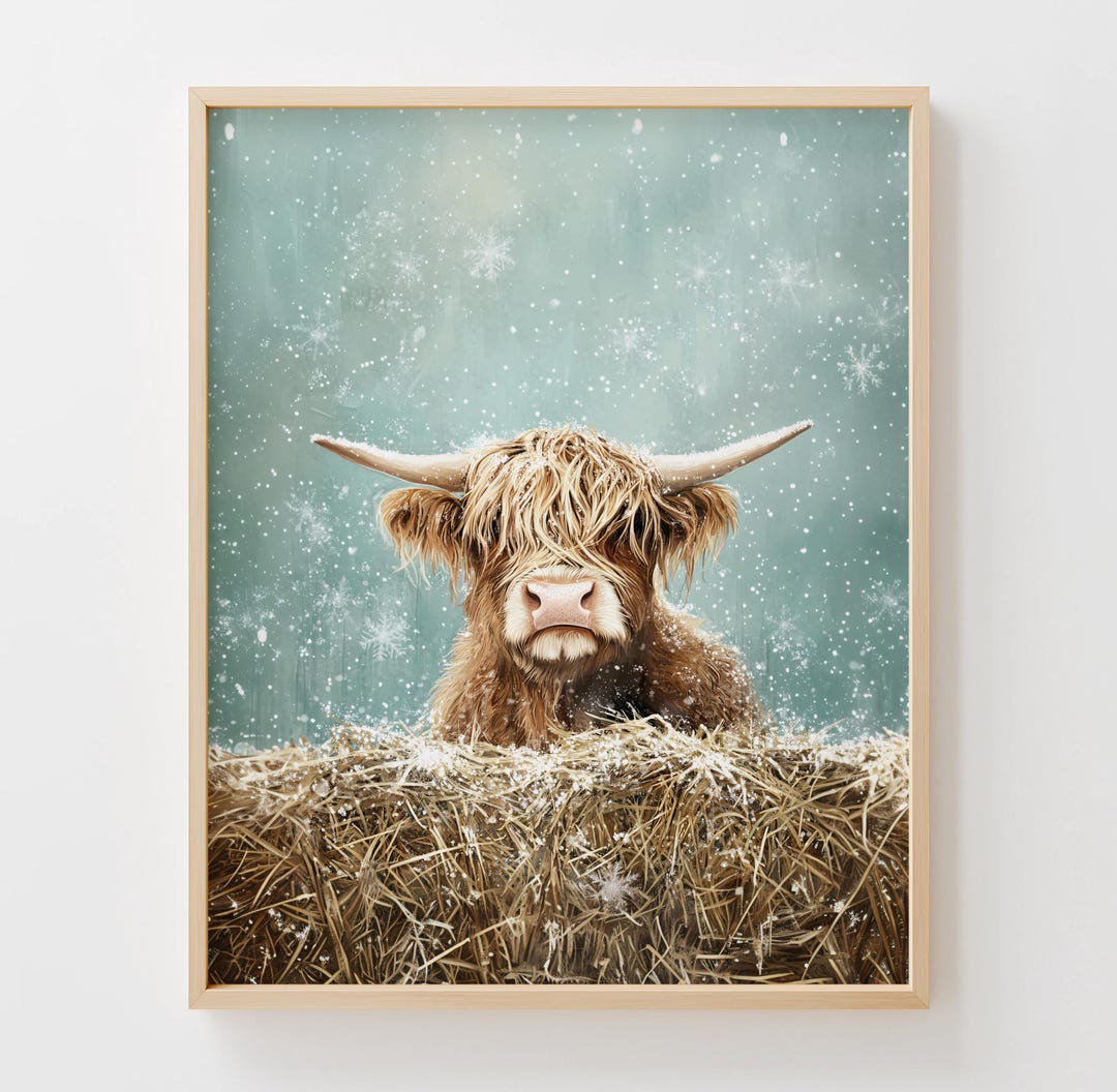 Highland Cow in Winter - Rustic Storybook Illustration, Farmhouse Wall ...