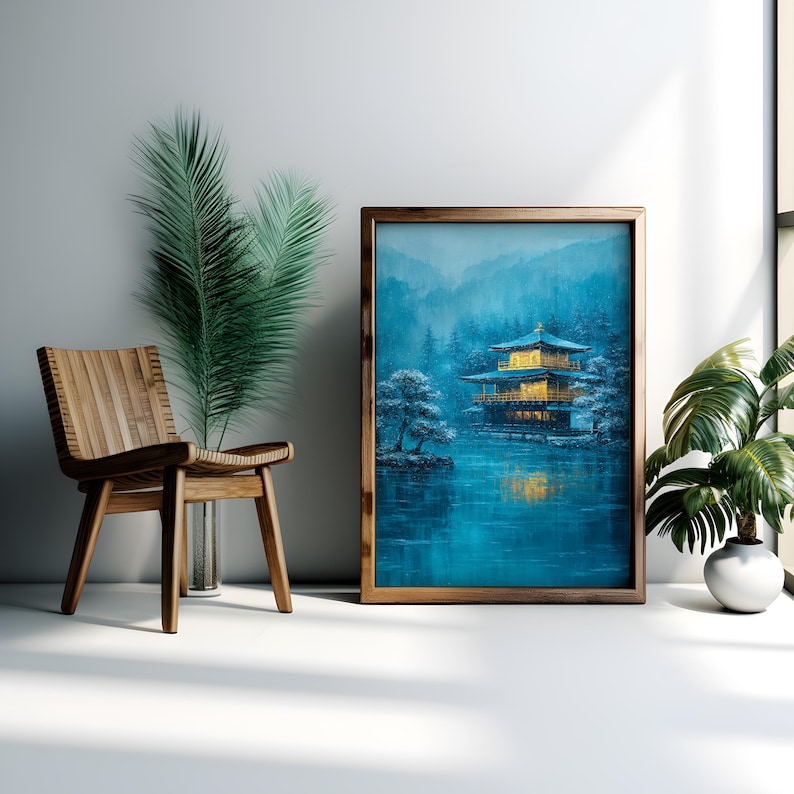 Printable Golden Pavilion Winter Landscape - Moody Japanese Temple Art ...