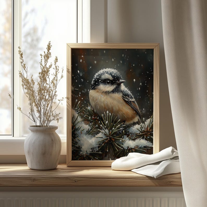 Chickadee on Evergreen Branch - Printable Winter Wildlife Painting ...