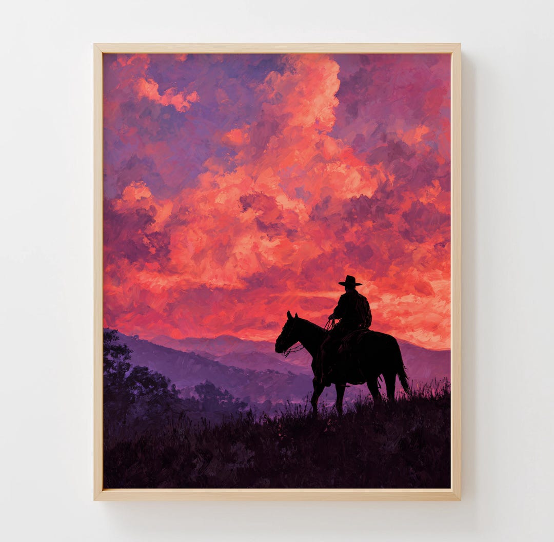 Moody Western Sunset Printable Art - Cowboy Silhouette on Horseback ...