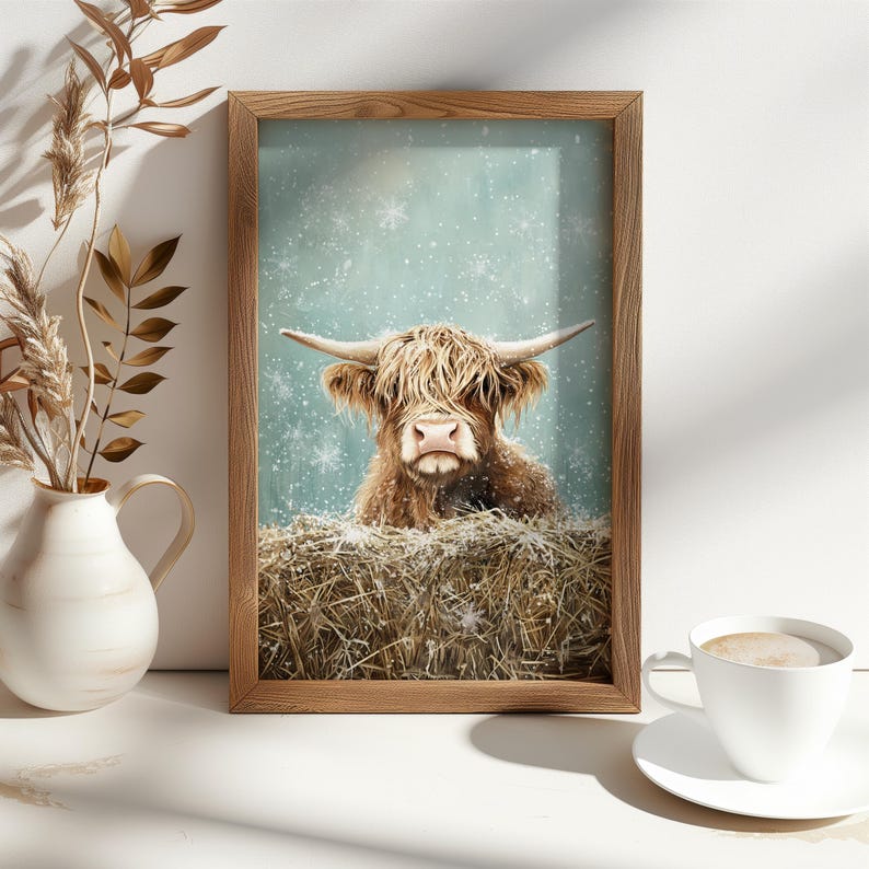 Highland Cow in Winter - Rustic Storybook Illustration, Farmhouse Wall ...