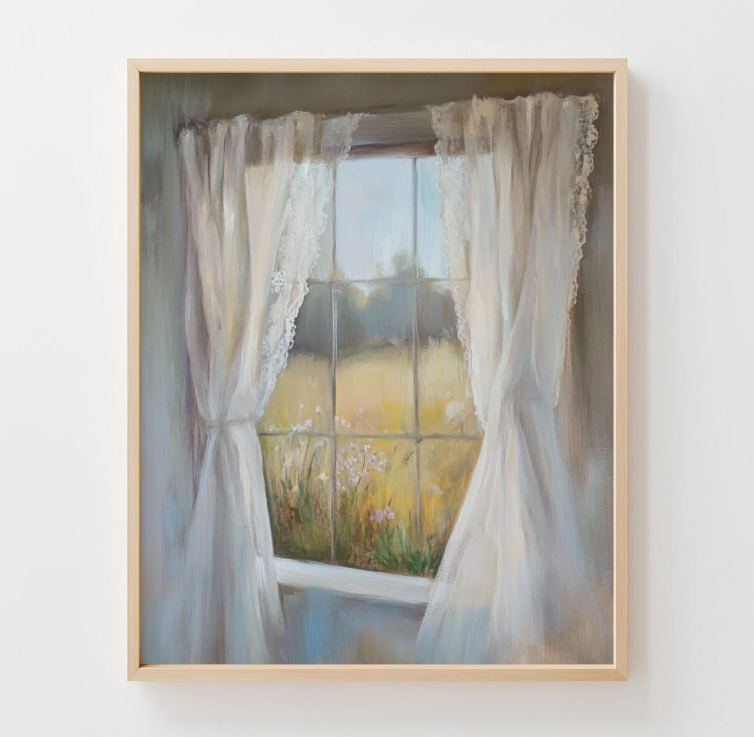 Vintage Cottagecore Window View Painting - Rustic Open Window With Lace ...