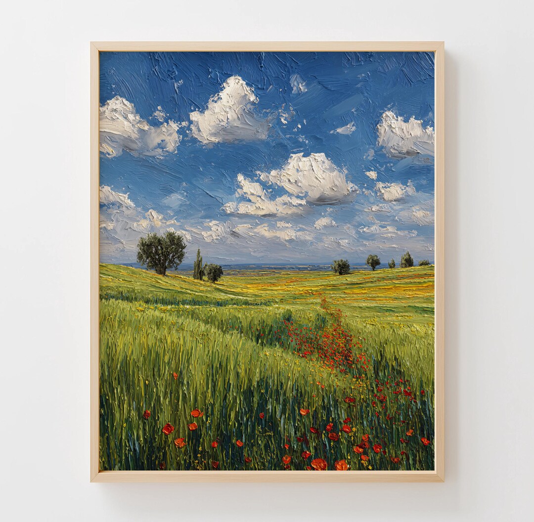 Sunlit Meadow Painting Printable - Cottagecore Field With Red Poppies ...