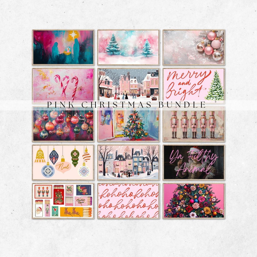 Pink Christmas Town Frame Tv Art, Colorful Christmas Village, Set of 15 ...