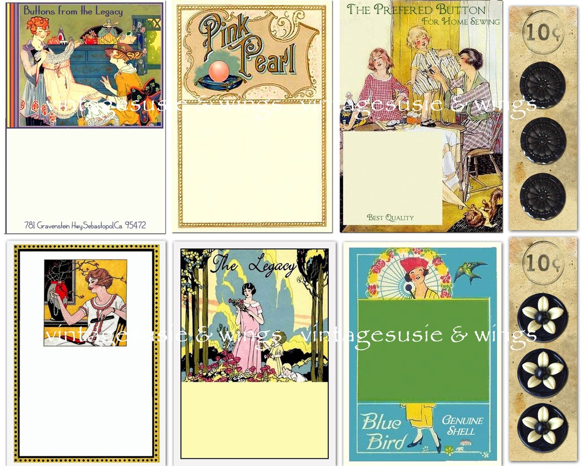 6 Vintage Art Deco BLANK BUTTON CARD Images Kit 2 1 Page - Etsy