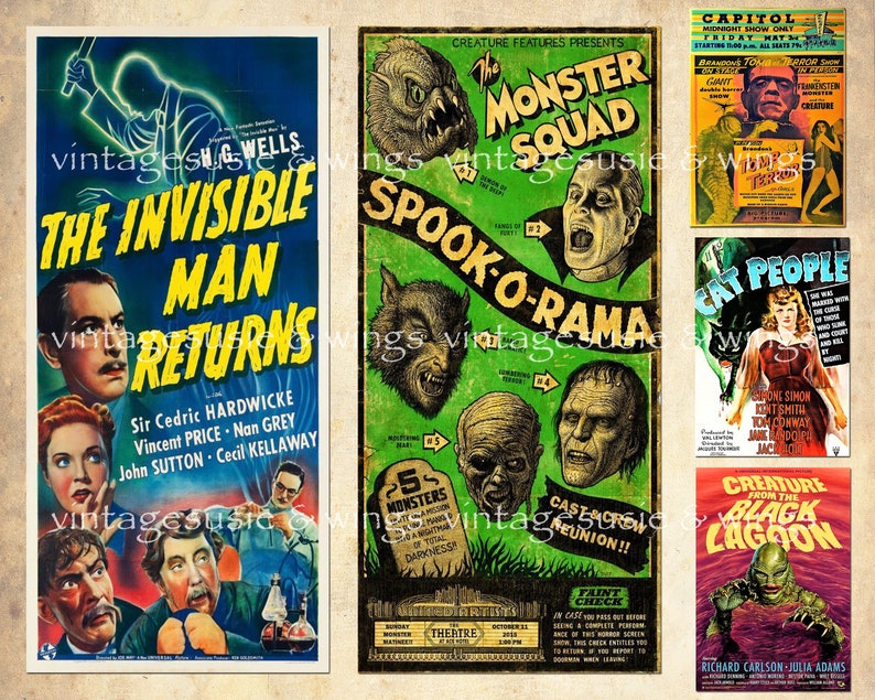 Vintage Horror Movie Posters Collage Sheets, Halloween Junk Journal ...