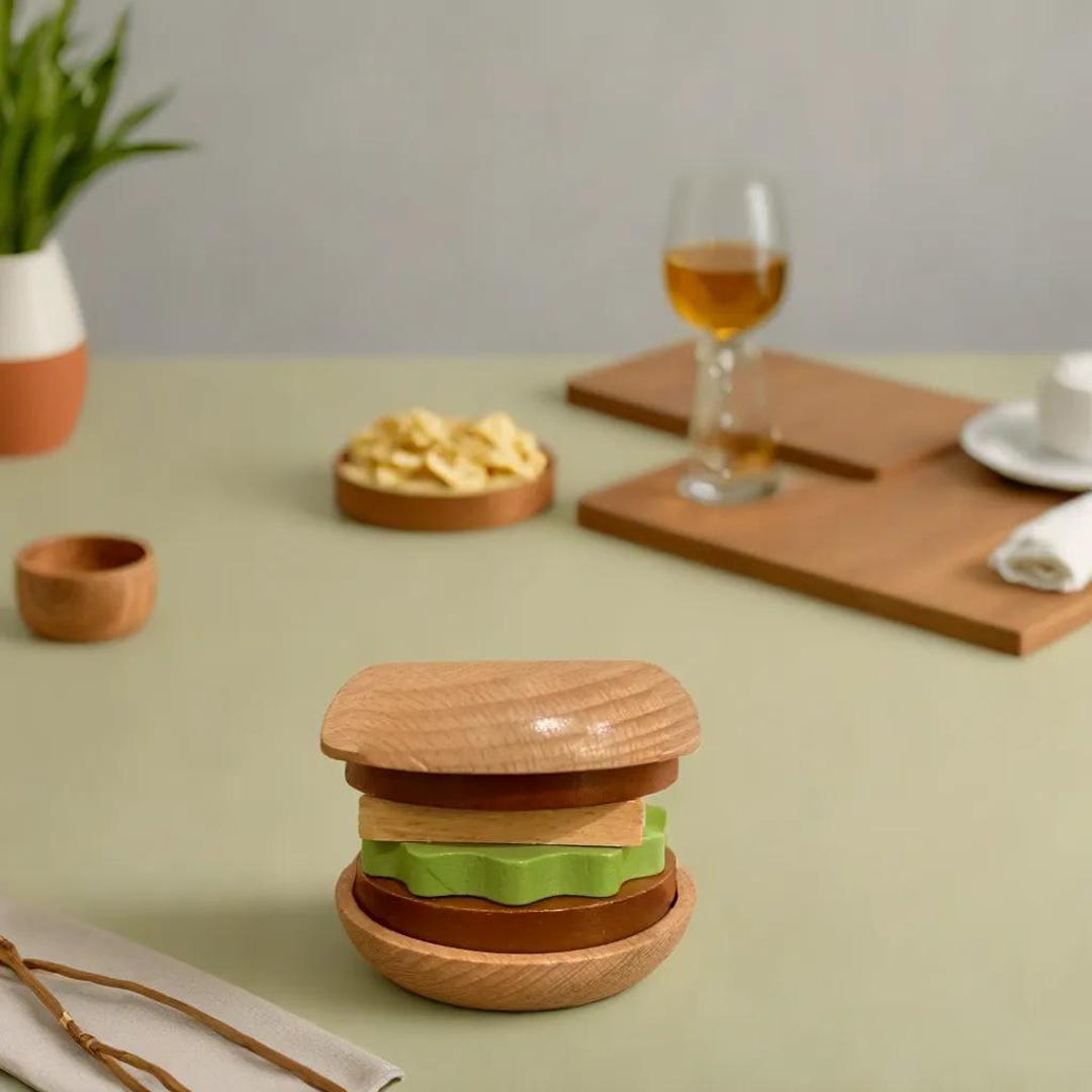Hamburger Shape Solid Wood Coaster Set| Teacup Tray, Snack & Dessert ...