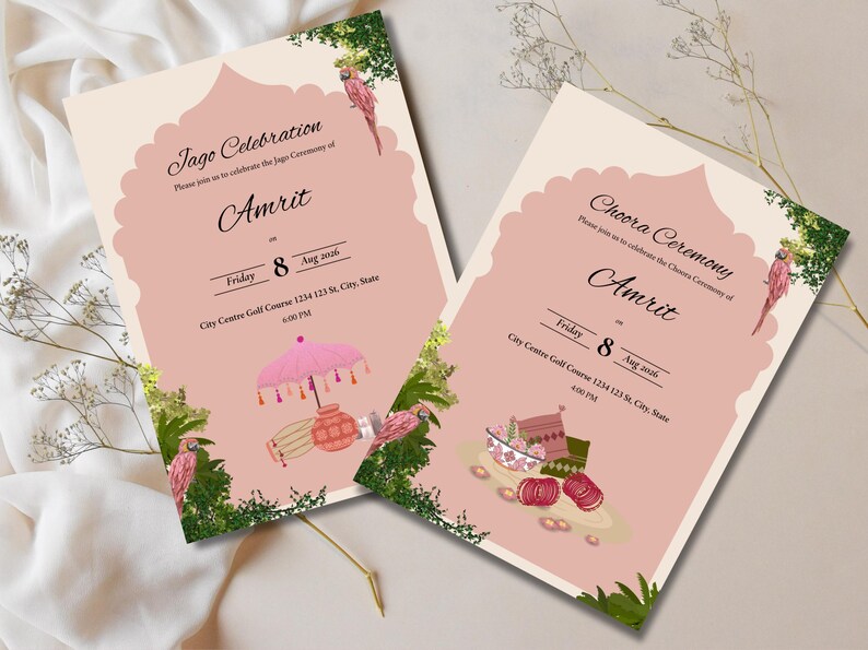 Blush Pink Punjabi Sikh Wedding Invitation Set - Mendhi, Jago, Maiyan ...