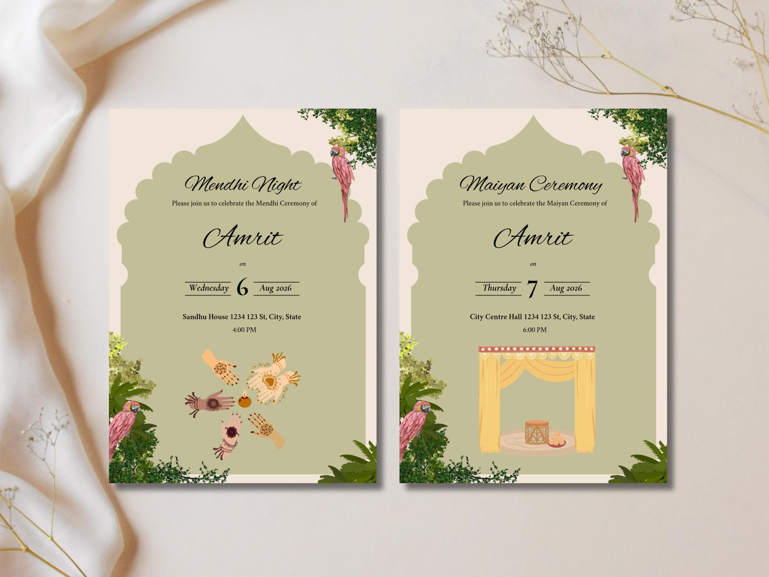 Sage Green Punjabi Sikh Wedding Invitation Set - Mendhi, Jago, Maiyan ...