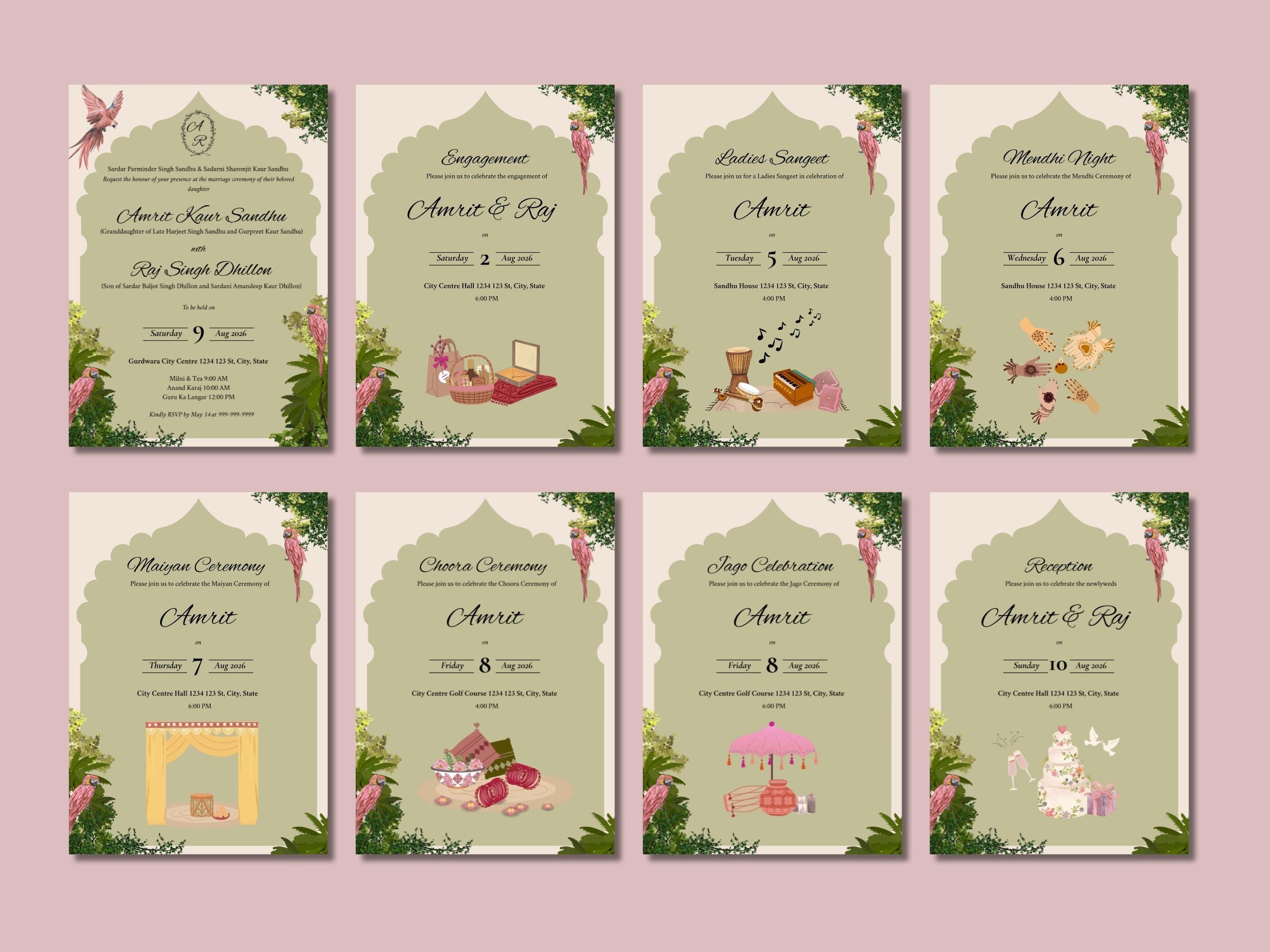 Sage Green Punjabi Sikh Wedding Invitation Set - Mendhi, Jago, Maiyan ...