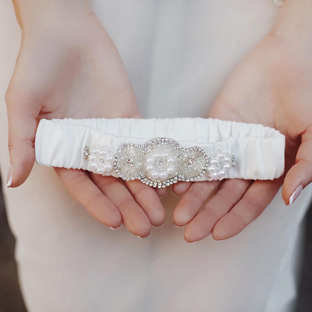Classy Satin Wedding Garter With Decorated Center, Wide Ivory Jeweled ...