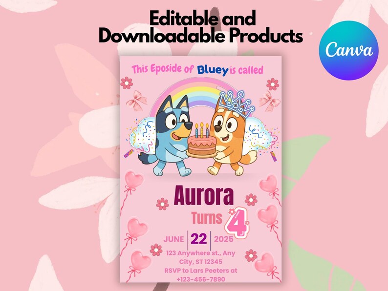 Editable Bluey Girl Birthday Invitation Template Pink | Kids Party ...