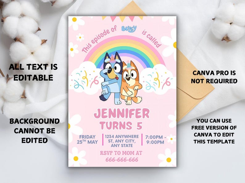 Editable Bluey Girl Birthday Invitation Template | Bluey Girl Party ...