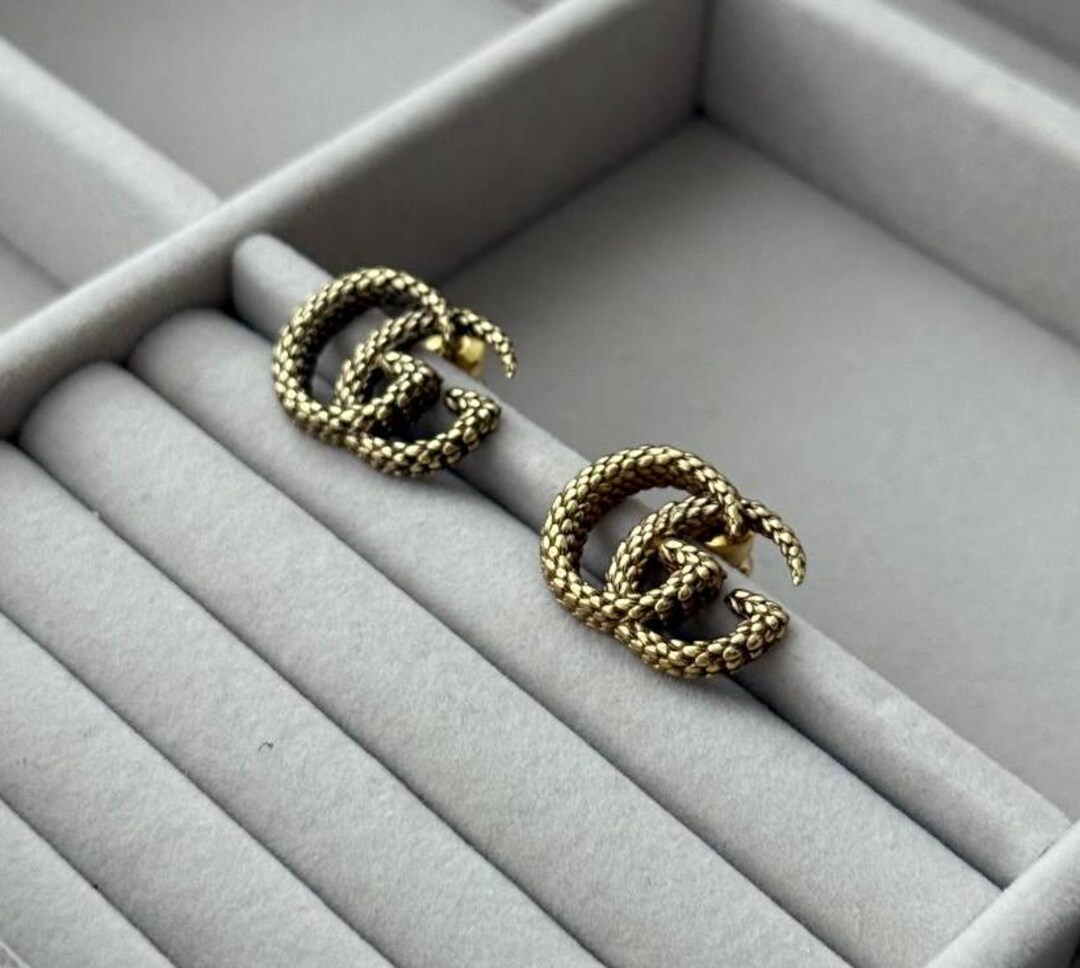 VTG Gucci Designer Vintage GG Monogram Dark Gold Earrings Stamp Logo ...
