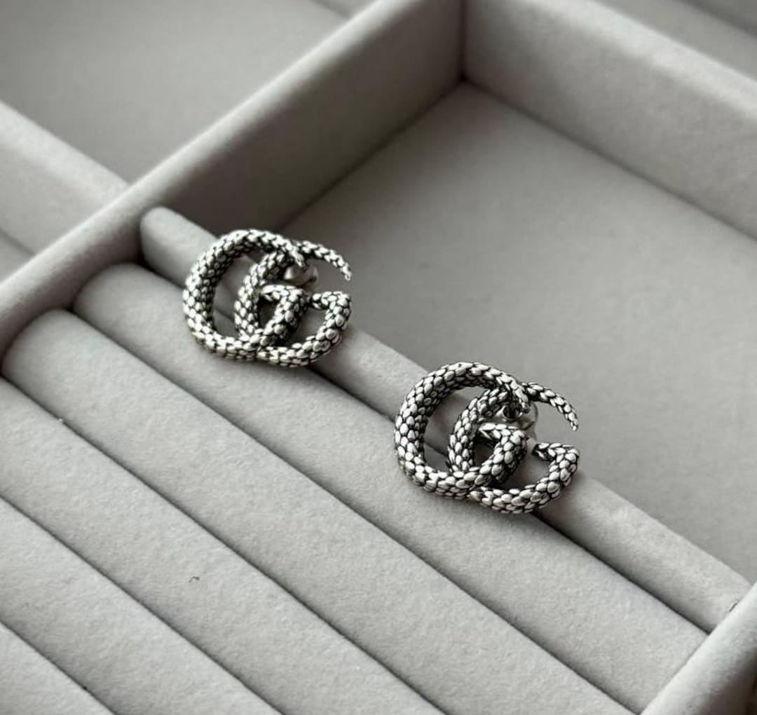 VTG Gucci Designer Vintage GG Monogram Silver Earrings Stamp Logo Gray ...