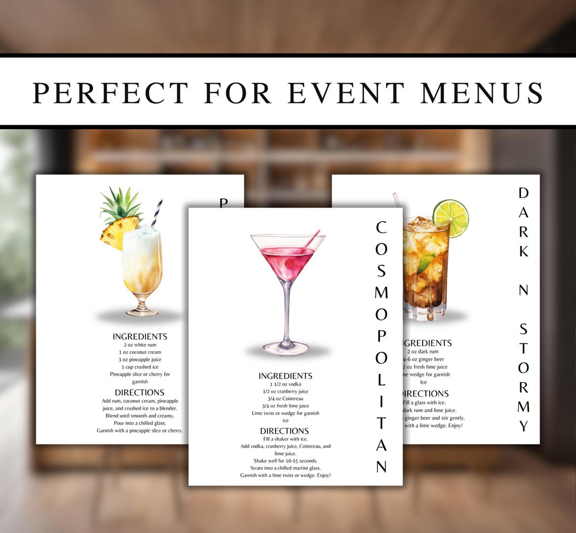 Printable Cocktail Recipe Cards, 20 Cocktail Recipe Cards, Recipe Cards ...
