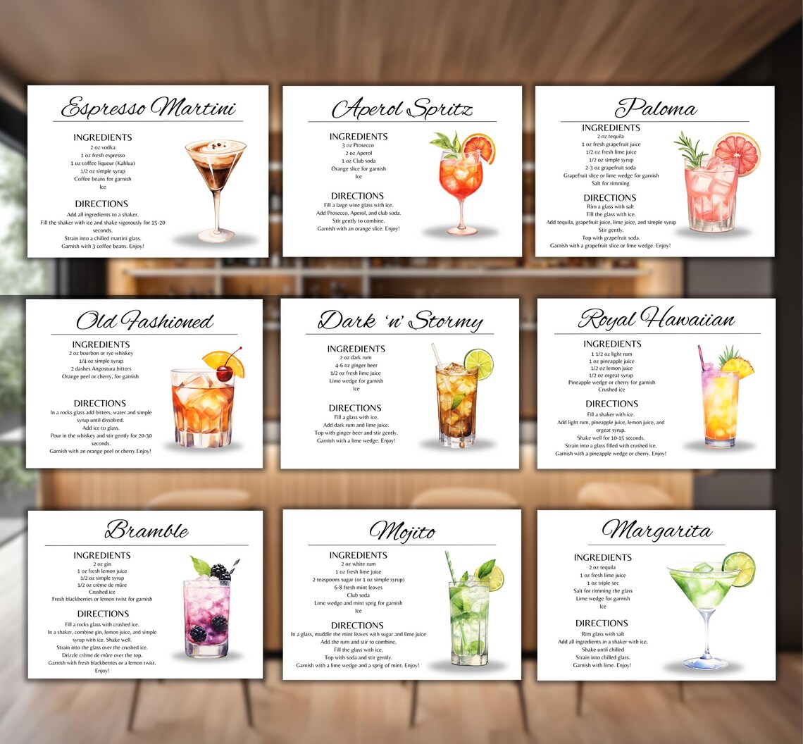 Printable Cocktail Recipe Cards, 20 Cocktail Recipe Cards, Recipe Cards ...