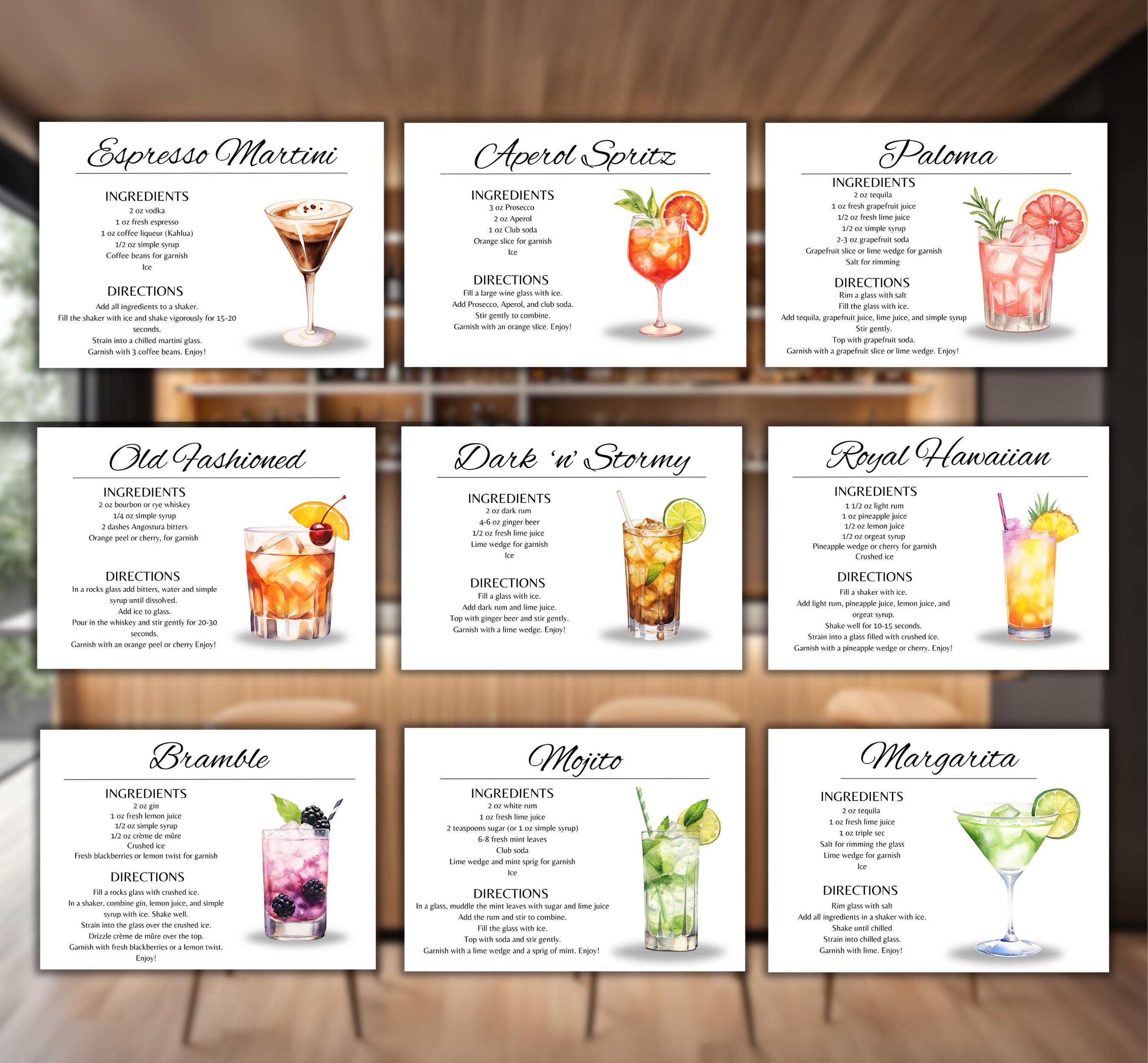 Printable Cocktail Recipe Cards, 20 Cocktail Recipe Cards, Recipe Cards ...