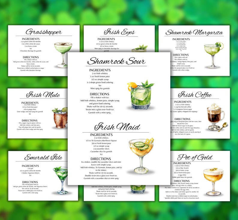 Printable St. Patrick's Day Cocktail Recipe Cards, Set of 10 St ...