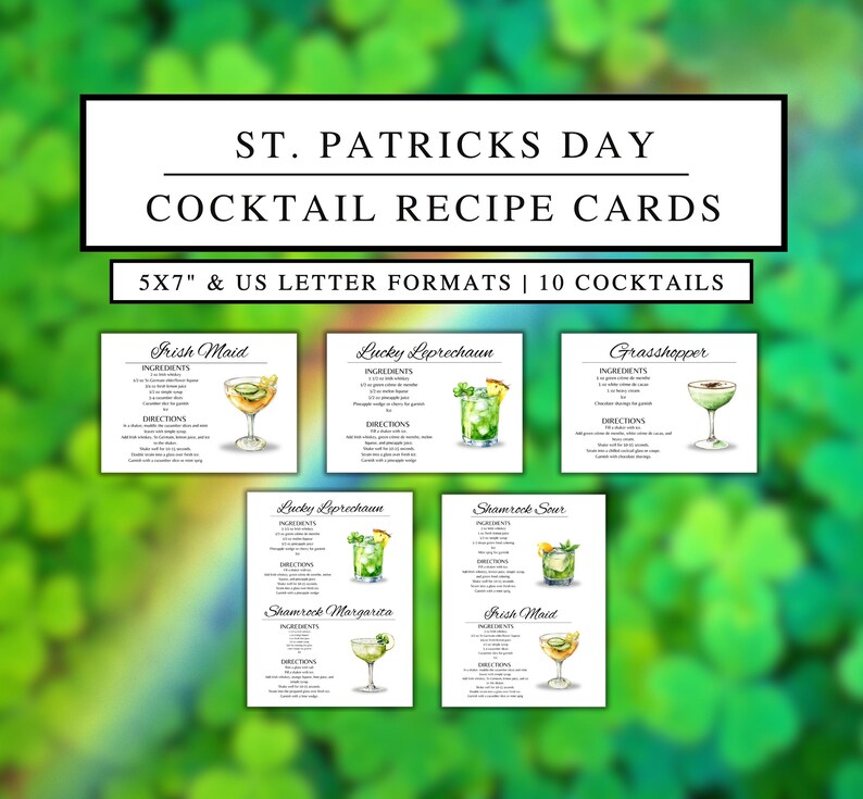 Printable St. Patrick's Day Cocktail Recipe Cards, Set of 10 St ...