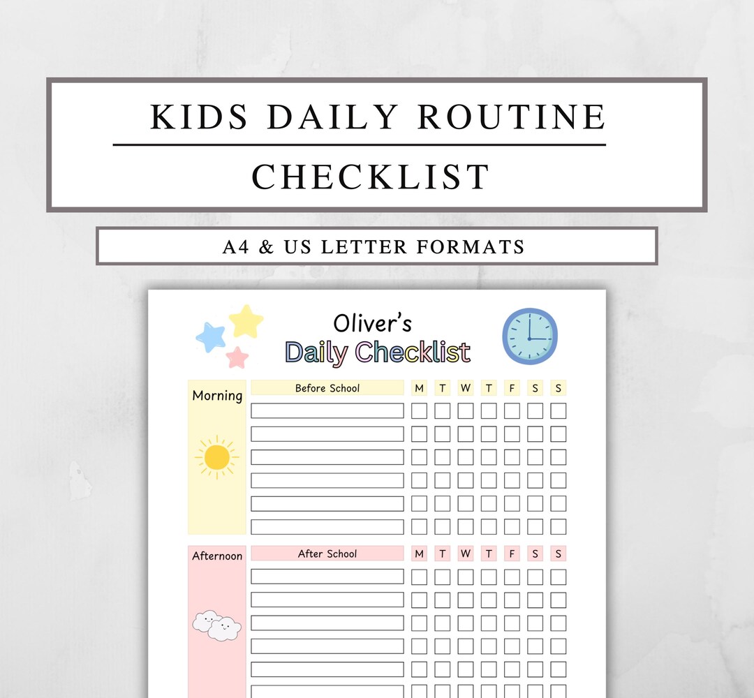 Kids Daily Routine Checklist, Printable Kids Daily School Routine ...