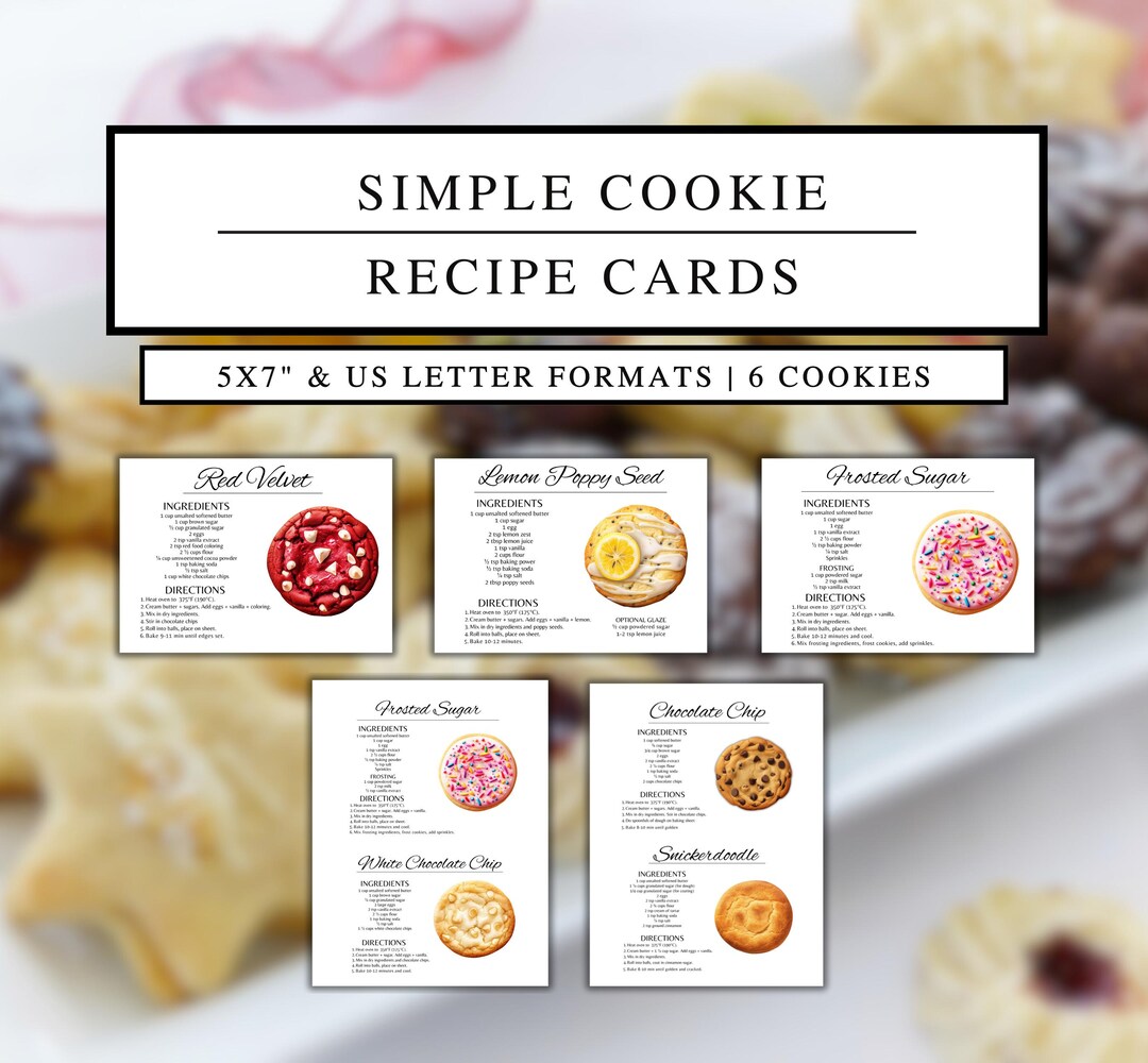 6 Simple Cookie Recipe Cards, PDF Cookie Recipe Cards, Printable ...