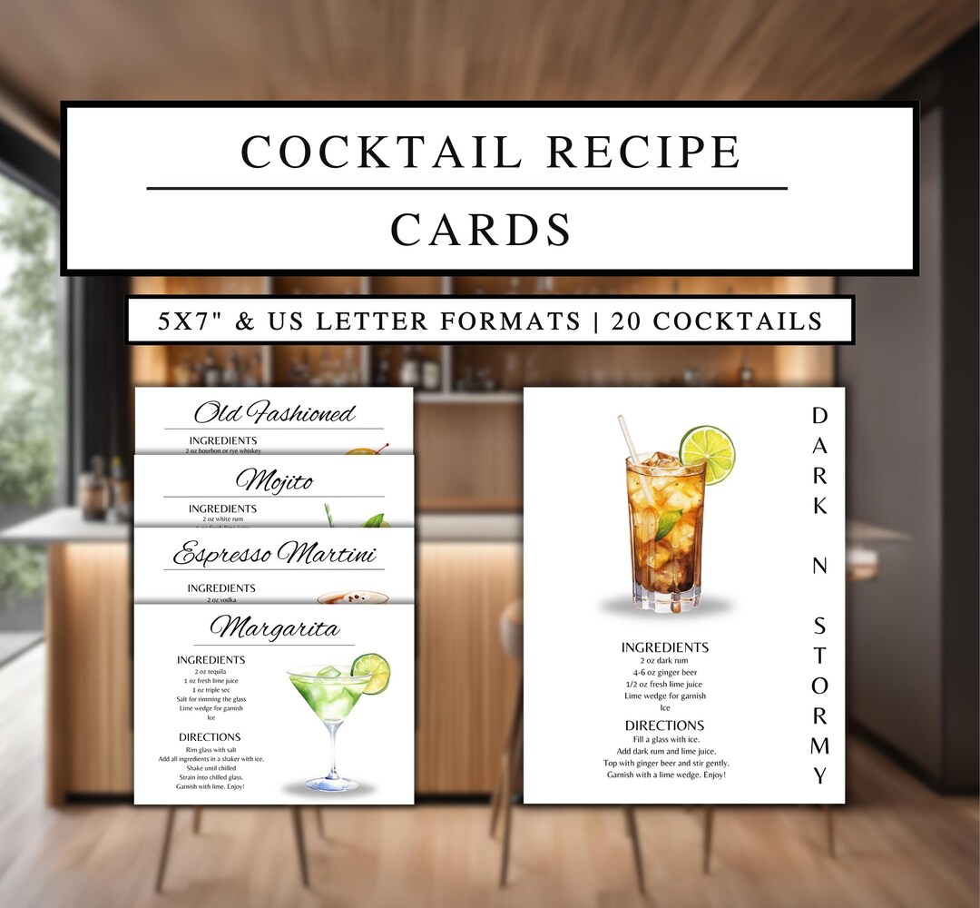 Printable Cocktail Recipe Cards, 20 Cocktail Recipe Cards, Recipe Cards ...