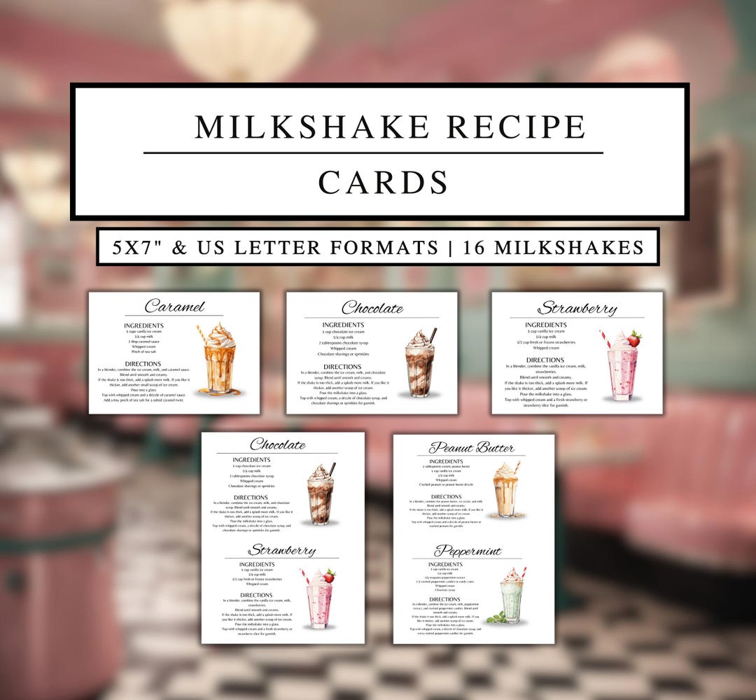 Printable Milkshake Recipe Card, Dessert Recipe Cards, Party Recipe ...