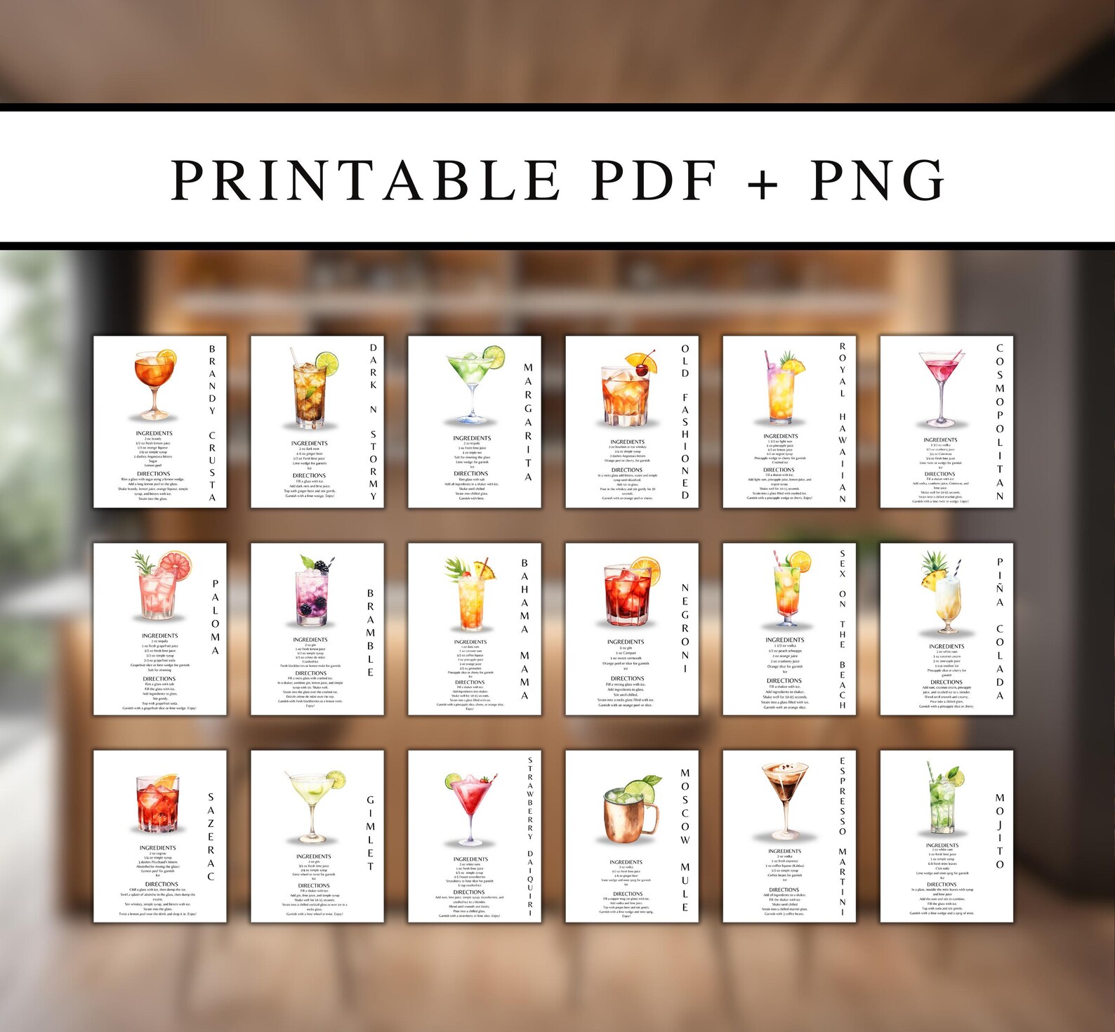 Printable Cocktail Recipe Cards, 20 Cocktail Recipe Cards, Recipe Cards ...