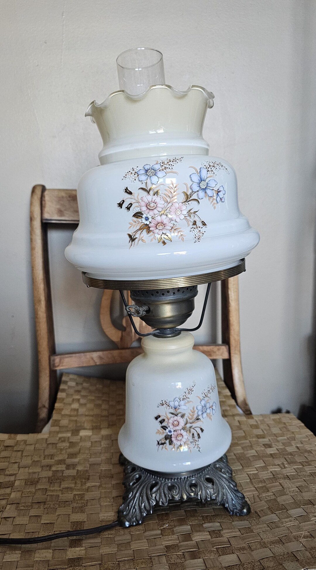 Vintage Hurricane Glass Table Lamp With Floral Design Top and Bottom ...