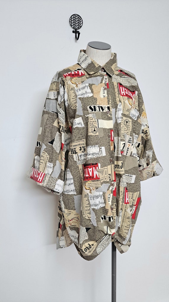 Vintage 80s Oversized Abstract Tan Button Up Blouse w… - Gem