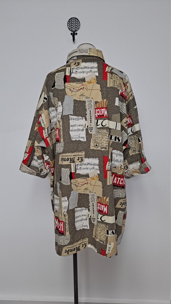 Vintage 80s Oversized Abstract Tan Button Up Blouse w… - Gem