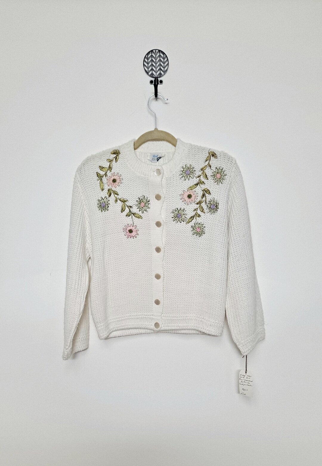 Vintage 1960s MCM White Knit Cardigan Women Medium Sears Embroidered ...