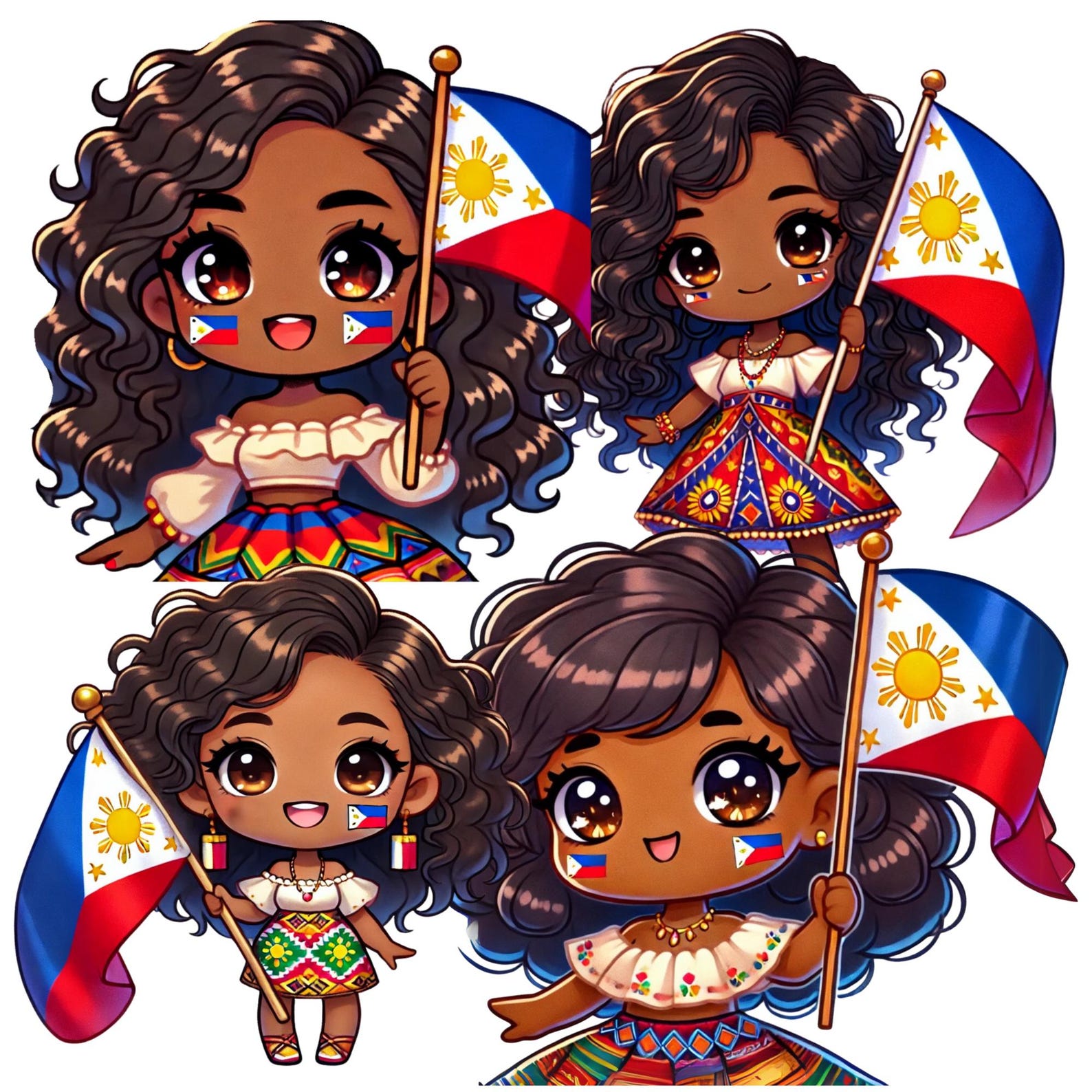 4 Cute Black Phillippina Kawaii Girls PNG Sublimation Printable ...