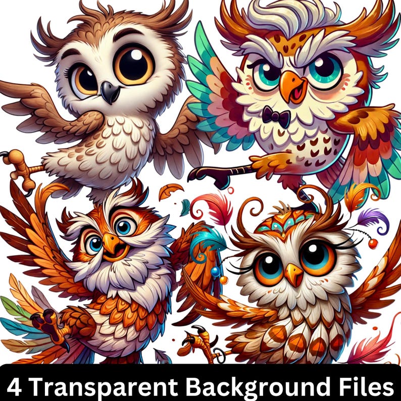 4 Dancing Owls PNG Whimsical Owl PNG, Cute Cartoon Owl Clipart ...