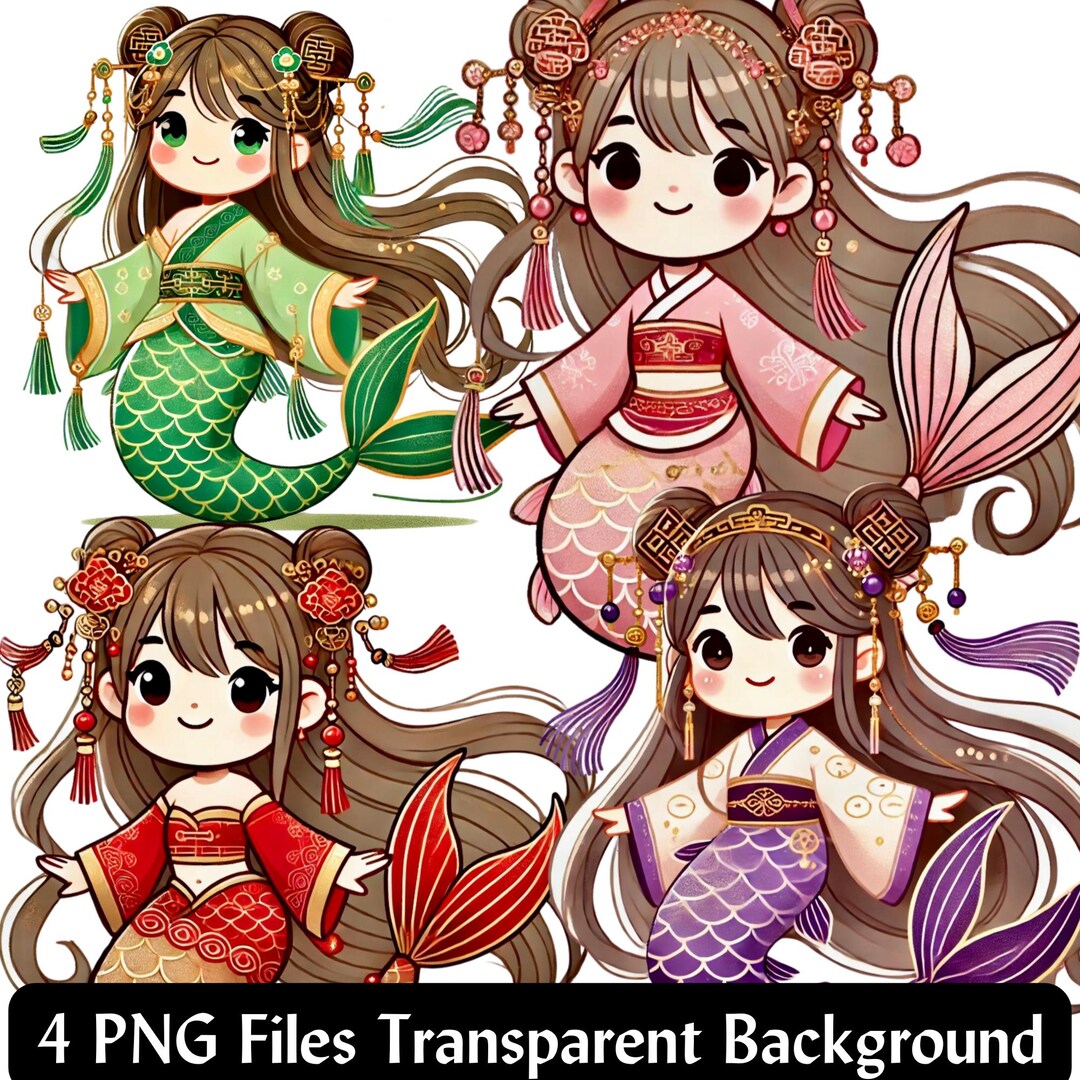 4 Cute Chinese Mermaid PNG Design Asian Mermaid Clipart Bundle High ...