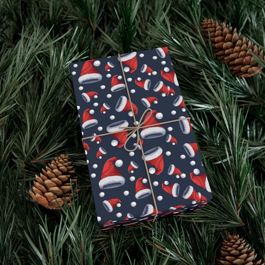 Santa Hats Gift Wrap Paper With Dark Blue Background. - Etsy