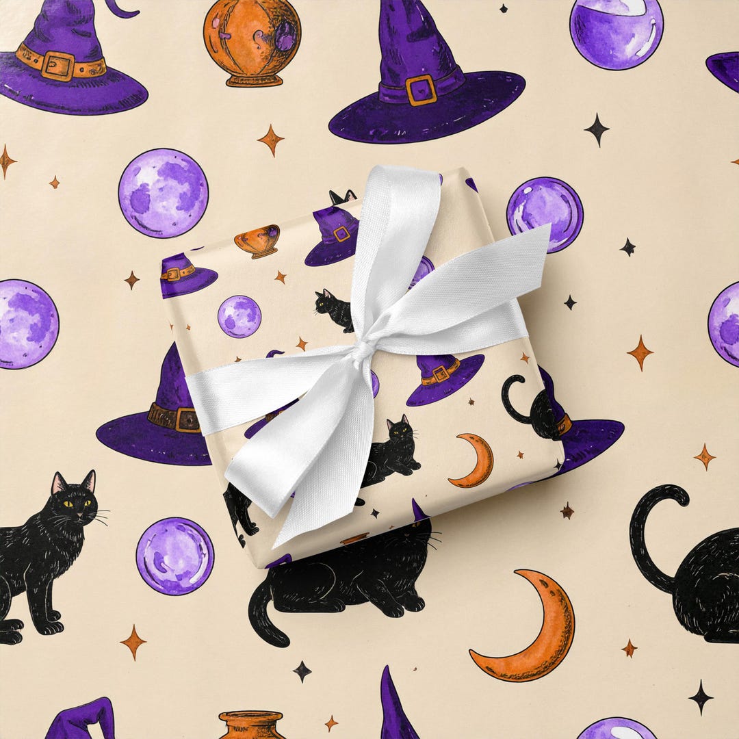 Witchy Wrapping Paper With Black Cats and Hats for Halloween Gifts - Etsy