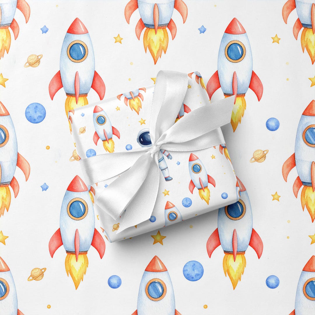 Kids Outer Space Ship Birthday Wrapping Paper Blast off Rocketship ...