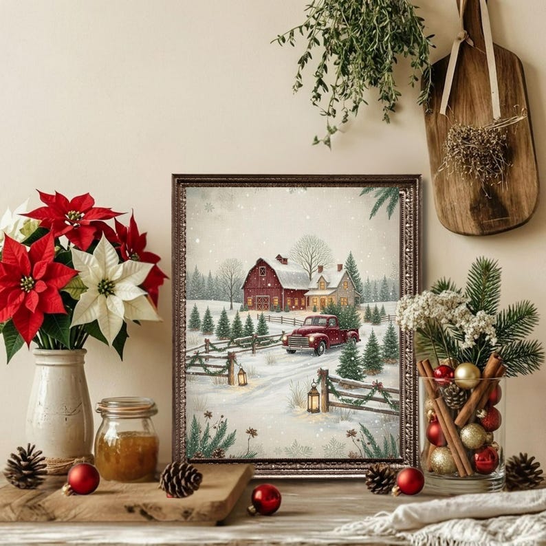Snowy Farmhouse Red Truck Christmas Poster, Winter Landscape Wall Art ...