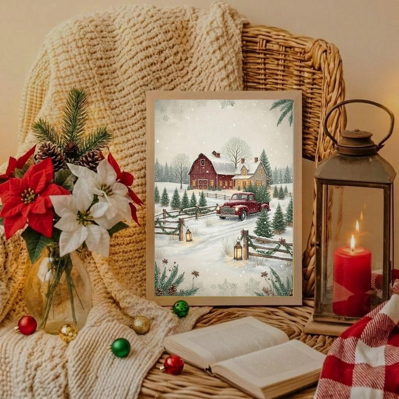 Snowy Farmhouse Red Truck Christmas Poster, Winter Landscape Wall Art ...