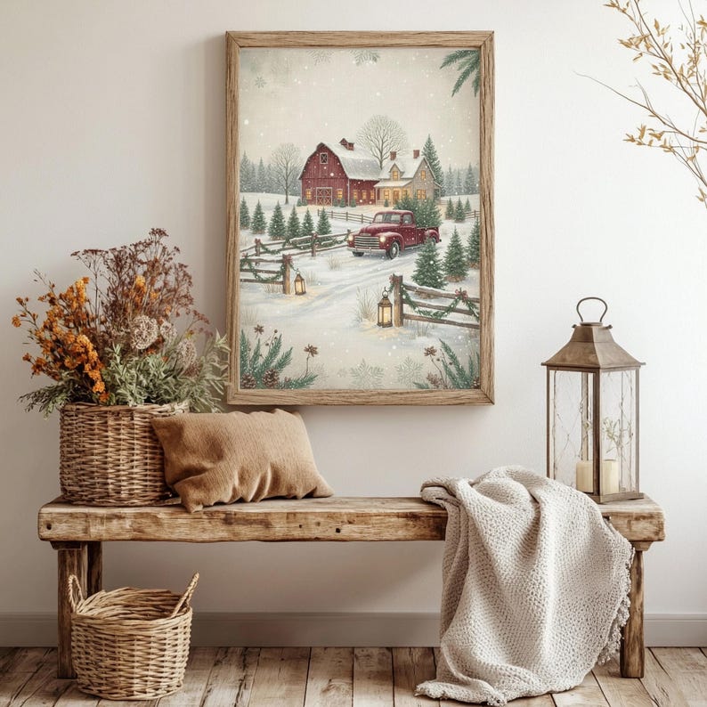 Snowy Farmhouse Red Truck Christmas Poster, Winter Landscape Wall Art ...