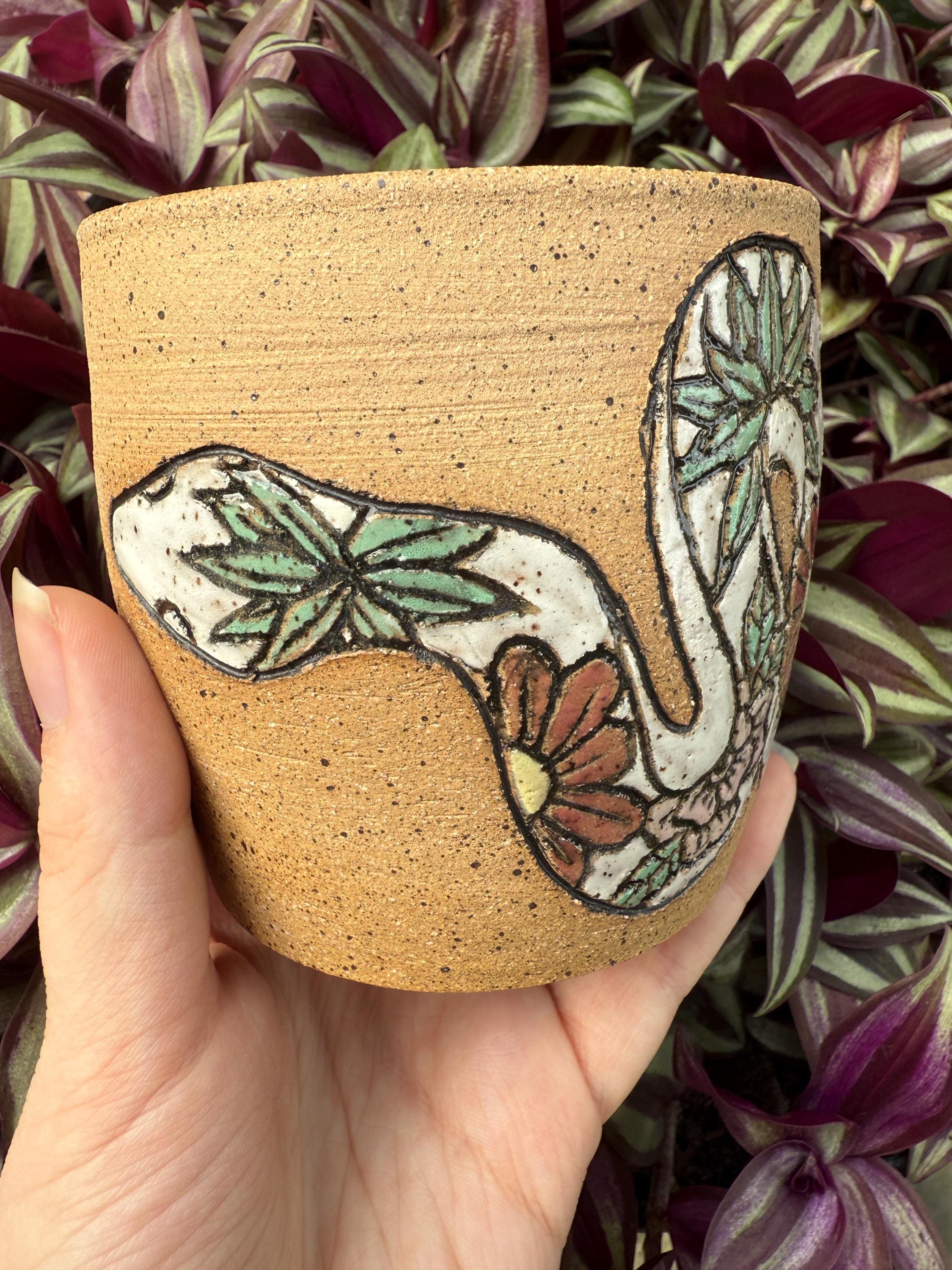 Sgraffito and Mishima Handmade Floral Snake Ceramic Cup - Etsy