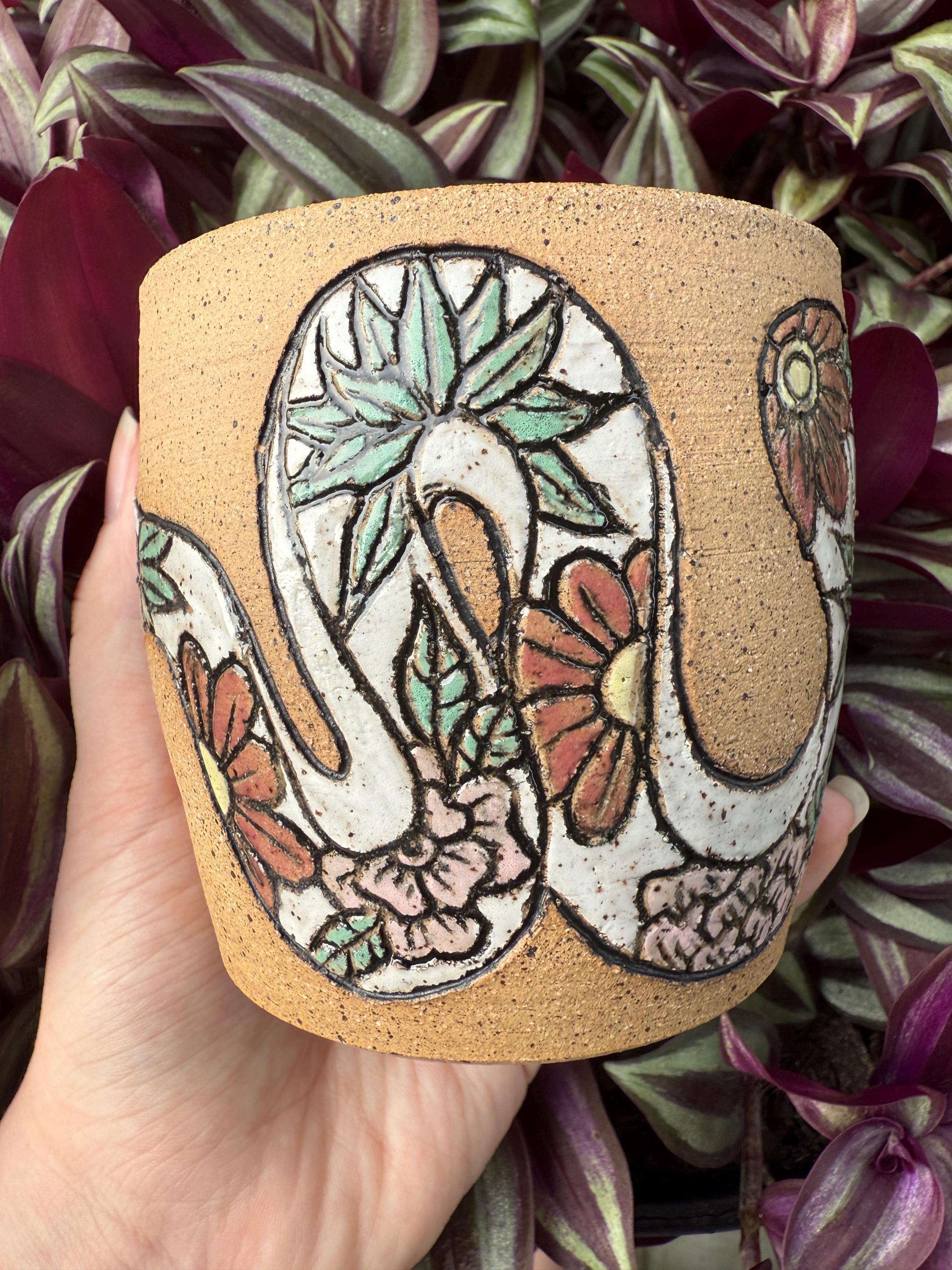 Sgraffito and Mishima Handmade Floral Snake Ceramic Cup - Etsy