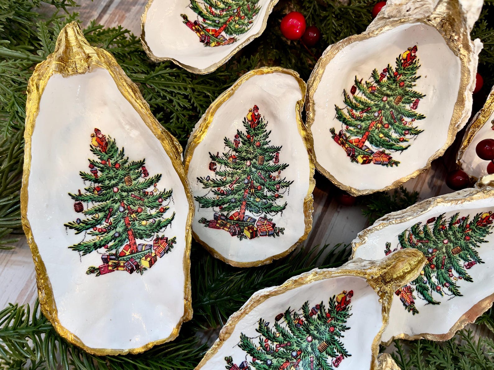 Christmas Tree Oyster Shell Ornaments — Handcrafted Coastal Holiday ...