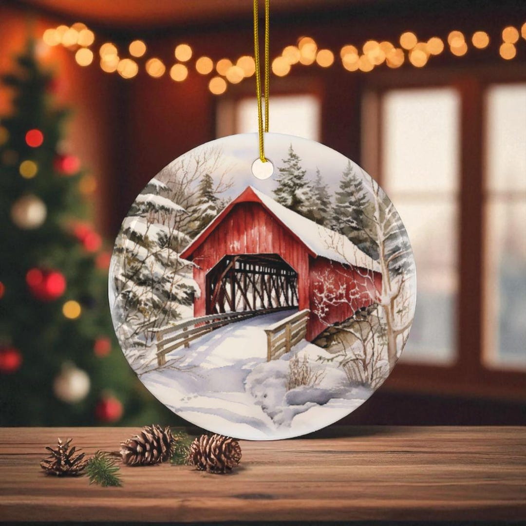 Red Covered Bridge Ornament, Vintage Winter Christmas Scene - Etsy