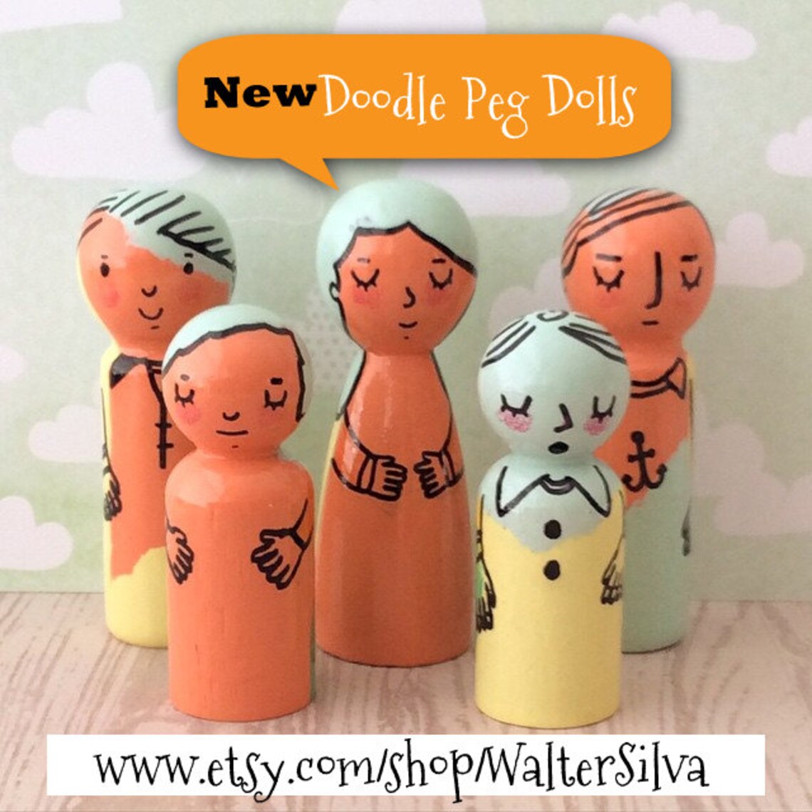 Wooden Doodle Family Peg Dolls Modern ART Toy Handmade Peg - Etsy