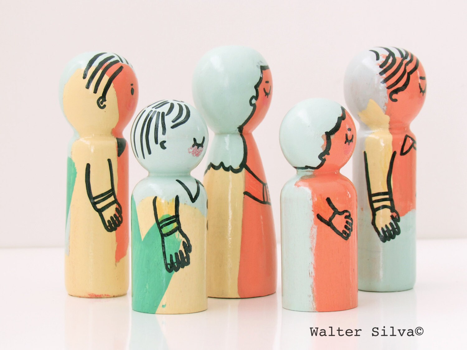 Wooden Doodle Family Peg Dolls Modern ART Toy Handmade Peg - Etsy