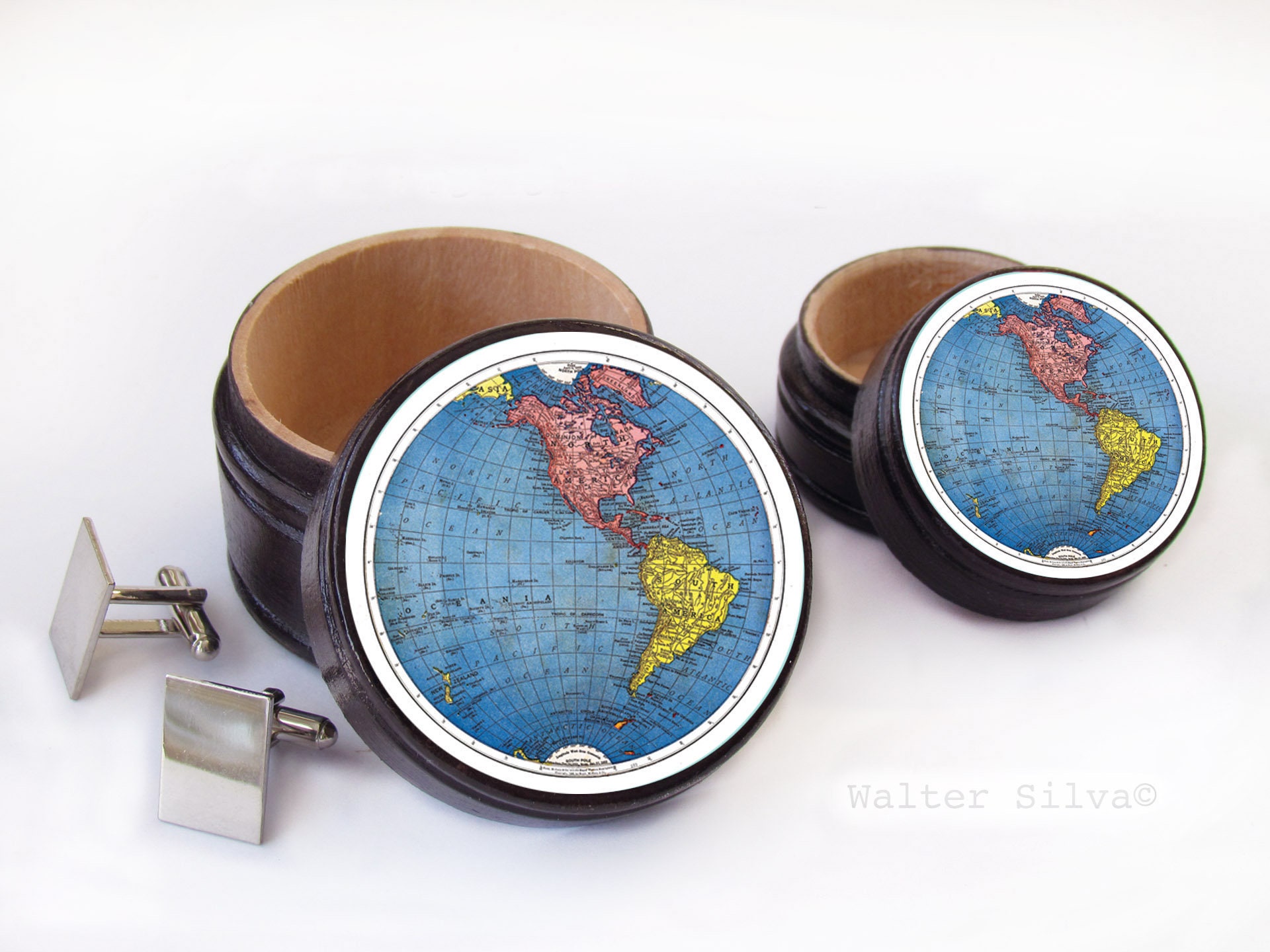 World Globe Pill Box, World Map Vitamin Box, Lined Wooden Ring Box ...